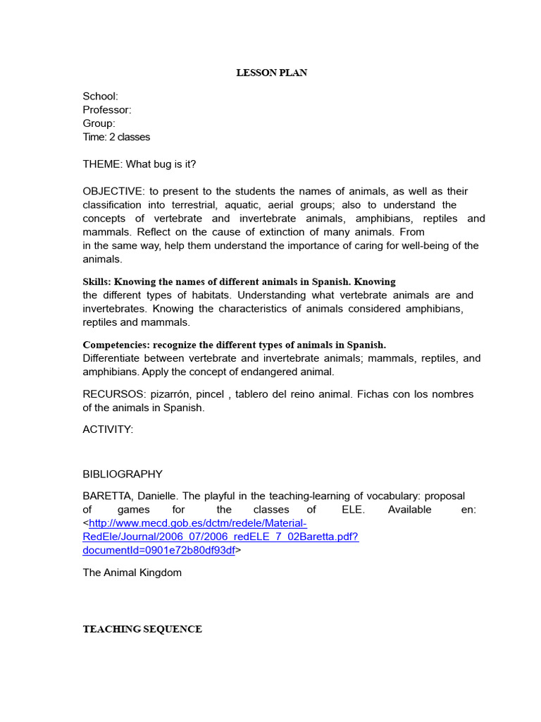 Lesson Plan The Animals | PDF