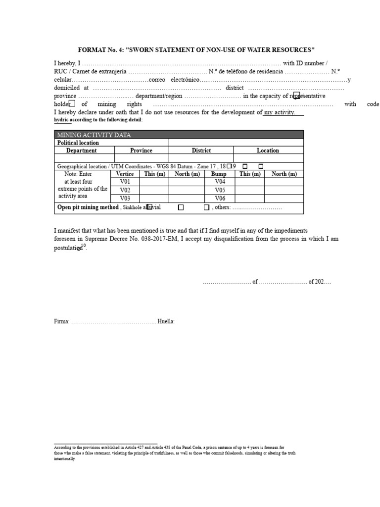 FORMAT N 4 SWORN STATEMENT OF NON-USE OF WATER RESOURCE | PDF
