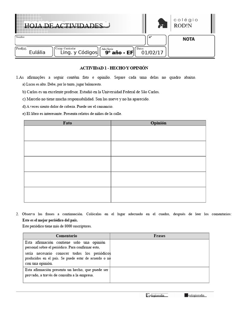 Hecho y Opinión: Actividades Educativas | PDF
