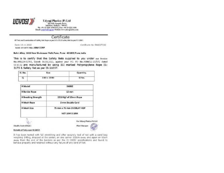 Safety Net Test Certificate 2025 | PDF