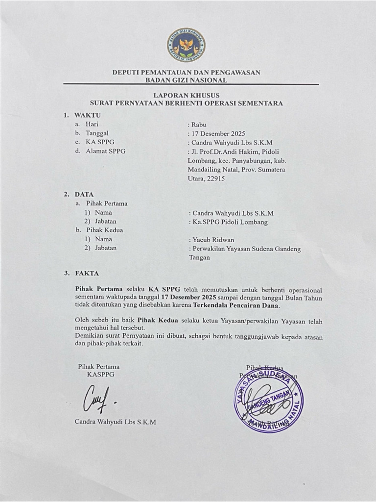 Surat Pernyataan Berhenti Operasi Sement | PDF