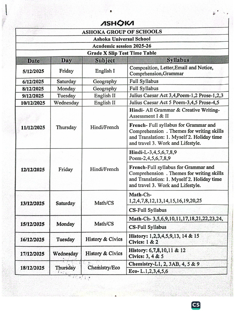 Grade X Slip Test Time Table 202526 | PDF