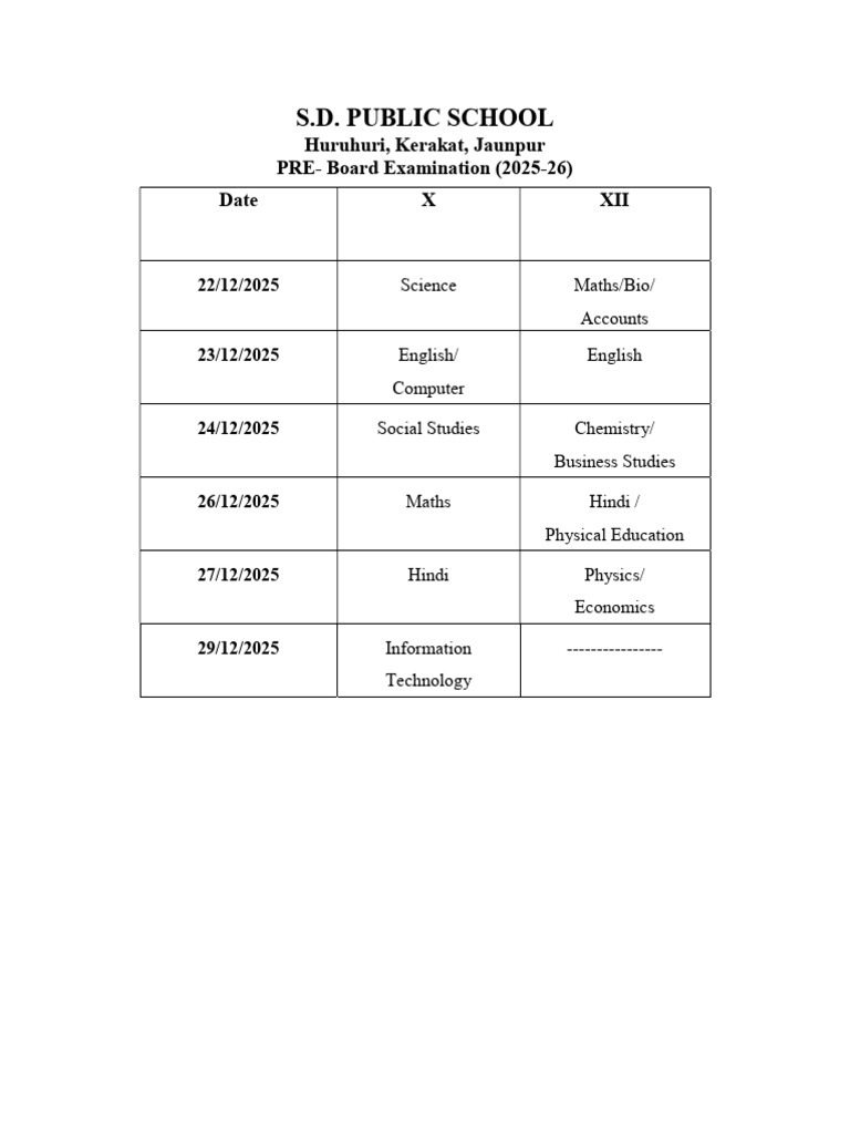 S.D. Public School Pre-Board Exam Schedule | PDF
