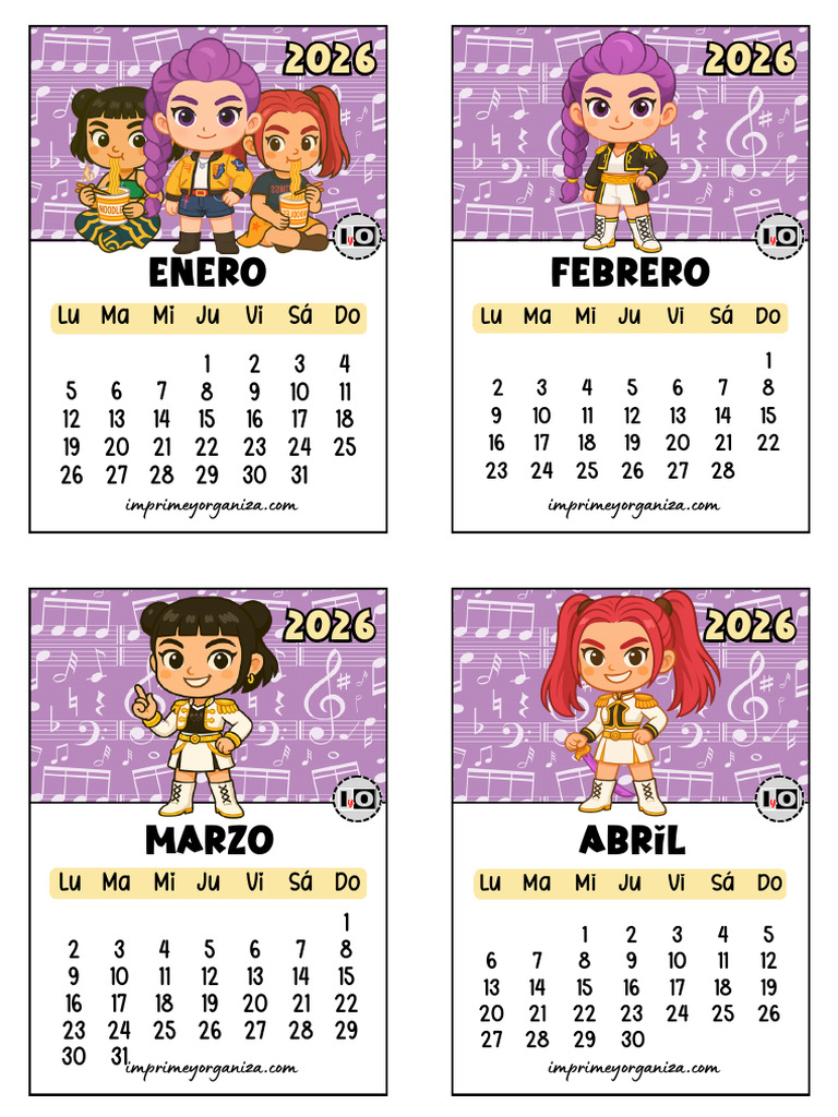 Calendario 2026 Apilable K Pop Demon Hunters | PDF