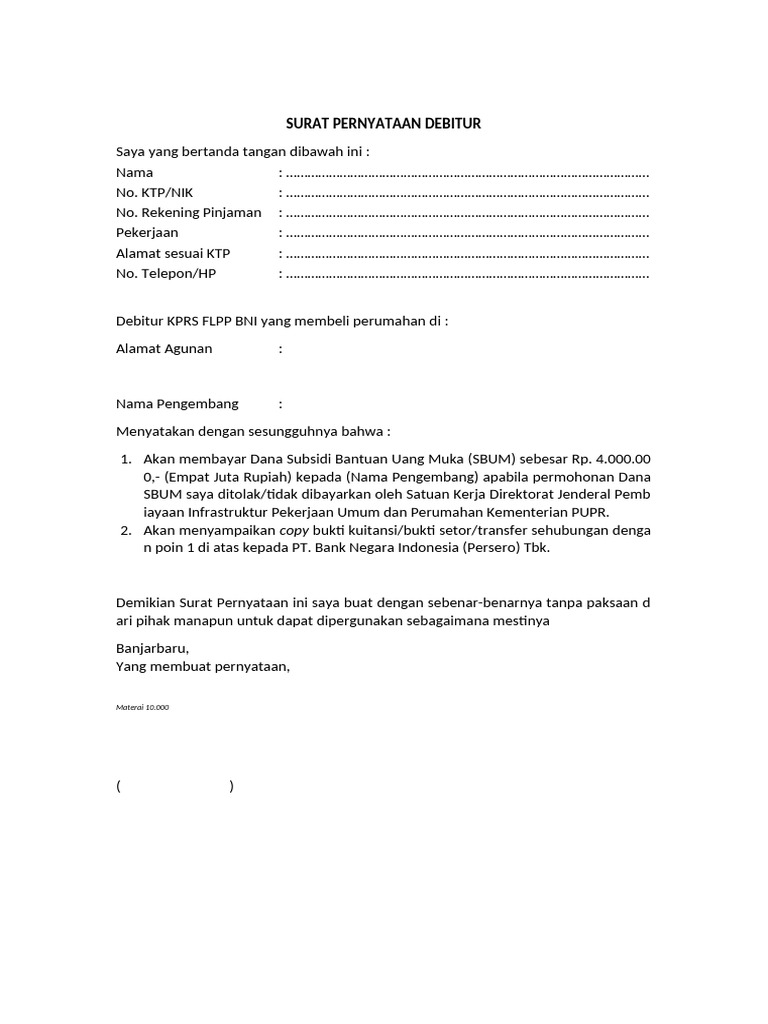 Surat Pernyataan Debitur KPRS FLPP BNI | PDF