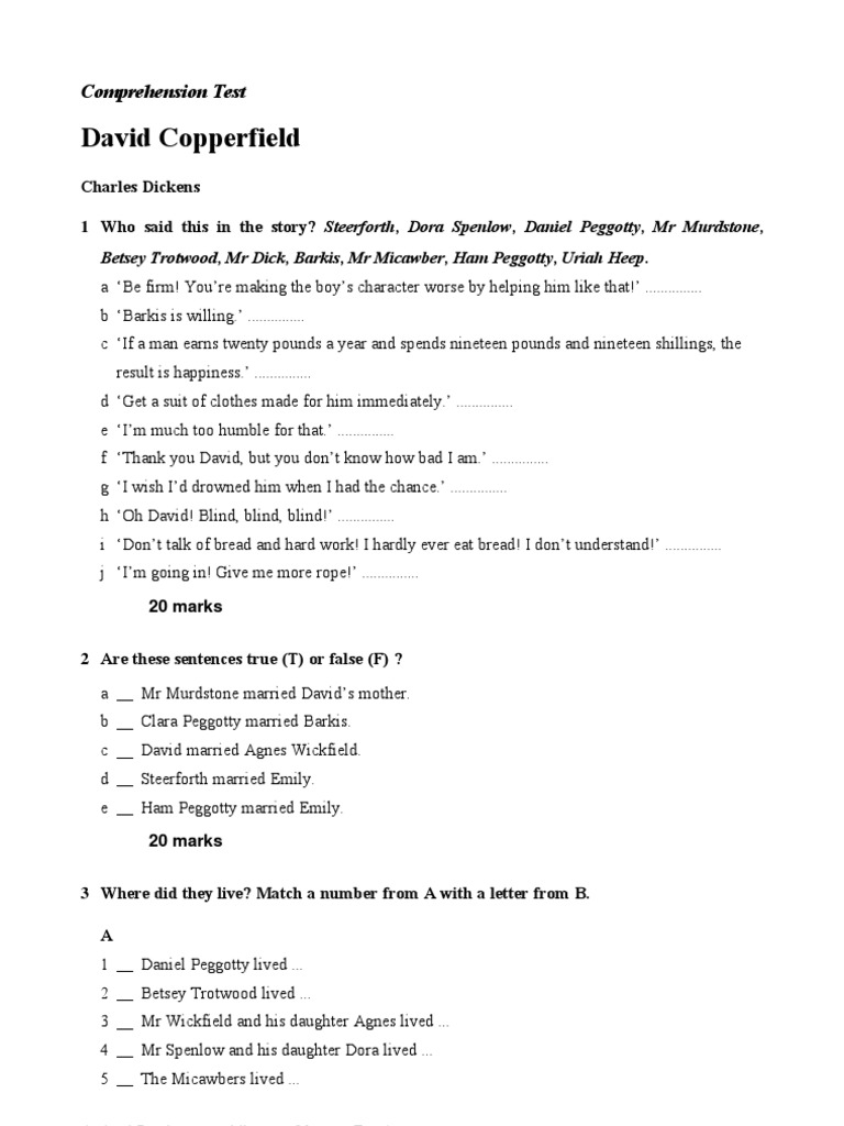 David Copperfield Comprehension Test | PDF
