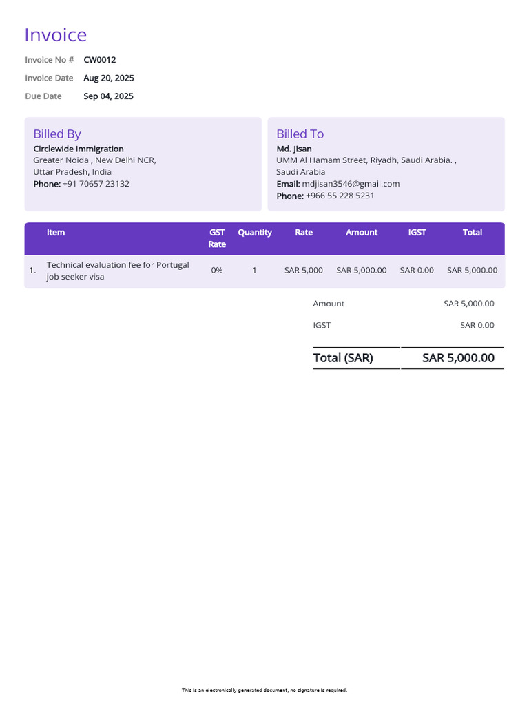 Invoice Cw0012 Circlewide Immigration MD Jisan | PDF