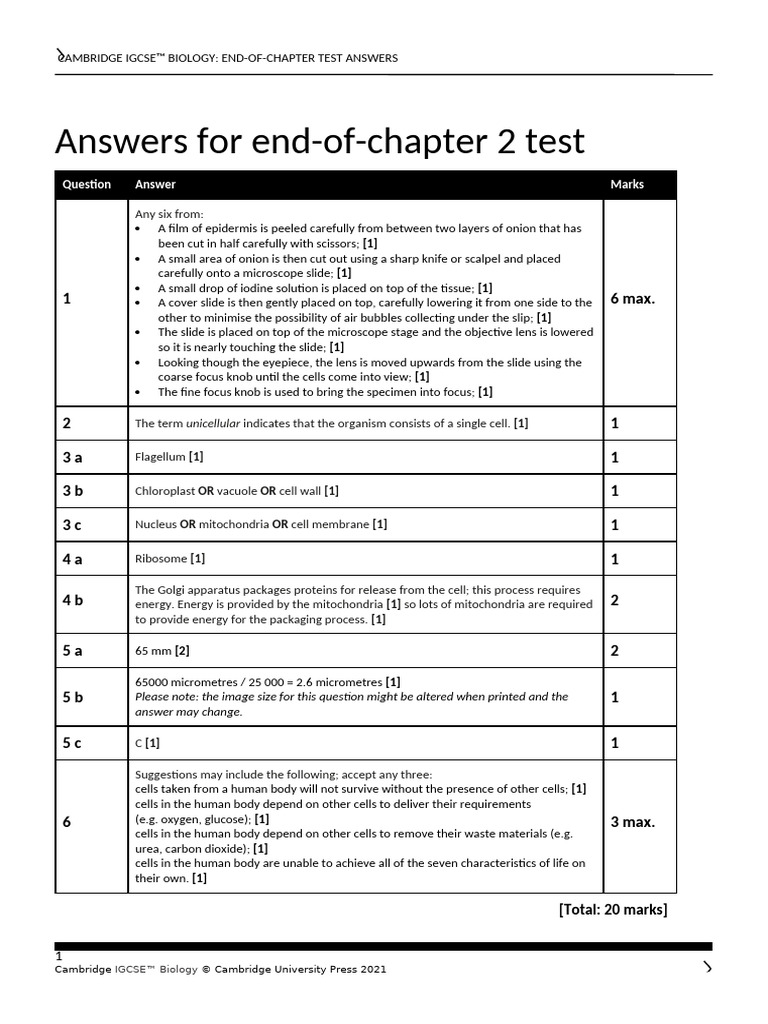 IGCSE Biology Chapter 2 Test Answers | PDF | Cell (Biology) | Biology