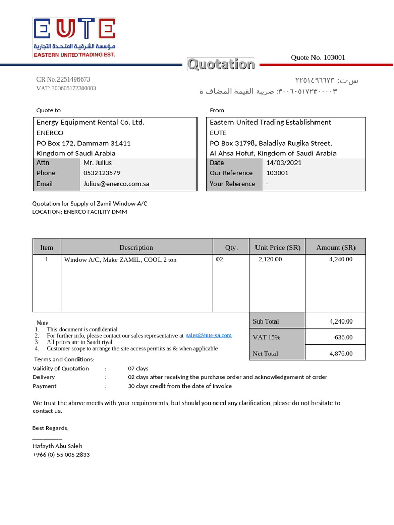 Quotation for Zamil Window A/C Supply | PDF
