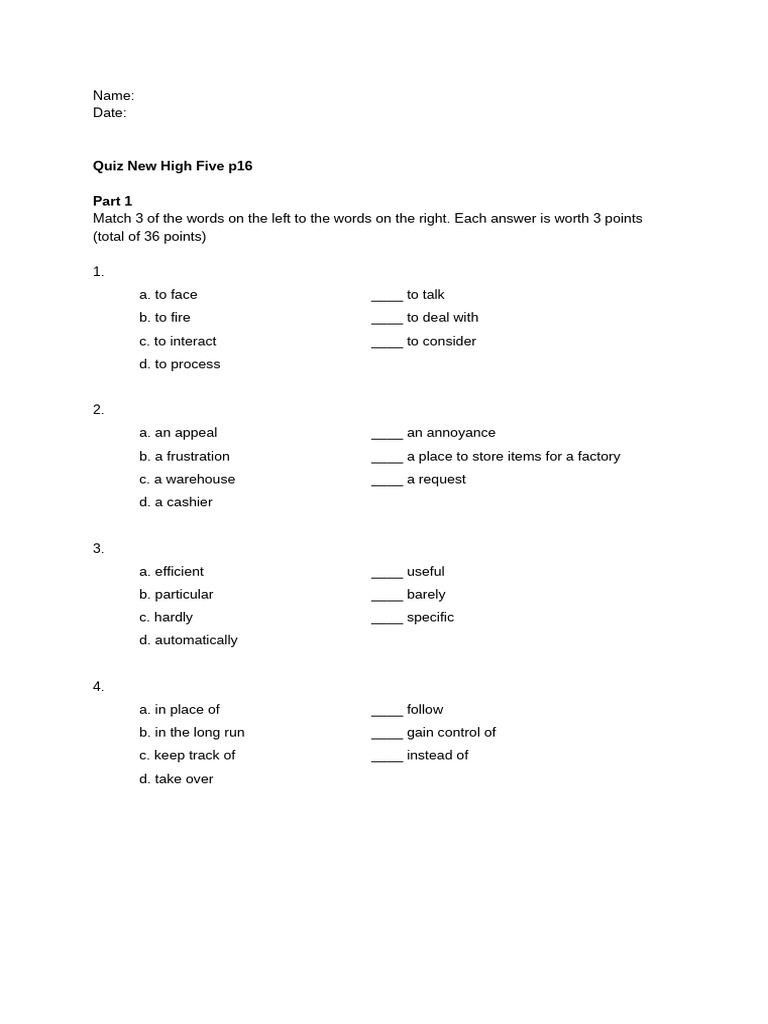 Quiz Vocabulary p16 New High Five | PDF