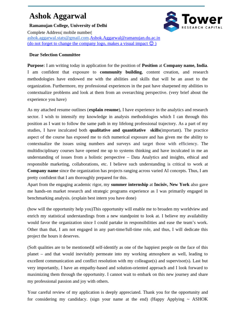 Cover Letter - Ashok Aggarwal - Template | PDF | Methodology | Analytics