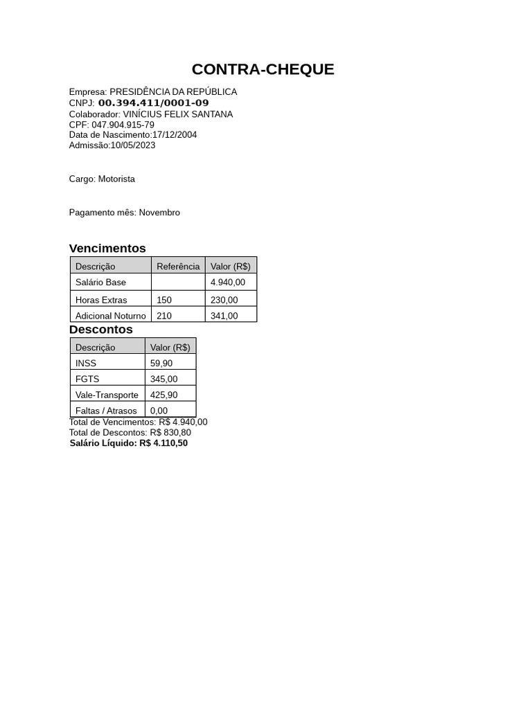 Contra-Cheque Motorista Novembro 2023 | PDF
