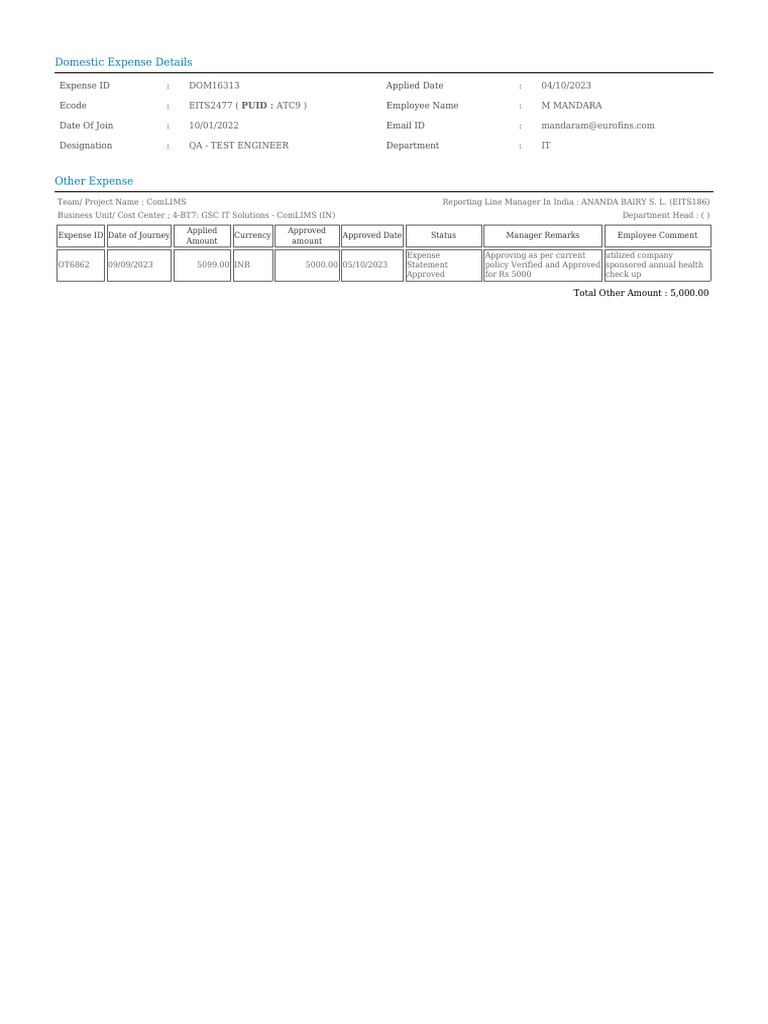 Mandara M ATC9 EITS2477_Domestic Expense Details PDF (1) | PDF