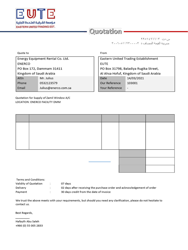 Quotation for Zamil Window A/C Supply | PDF