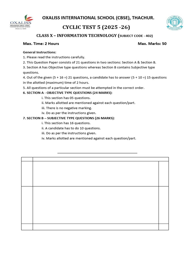 CYCLIC TEST 5 QUESTION PAPER - IT | PDF | Databases | Spreadsheet