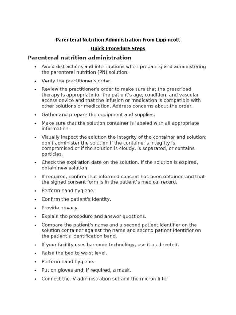 Parenteral Nutrition Admin Procedure Guide | PDF | Intravenous Therapy ...