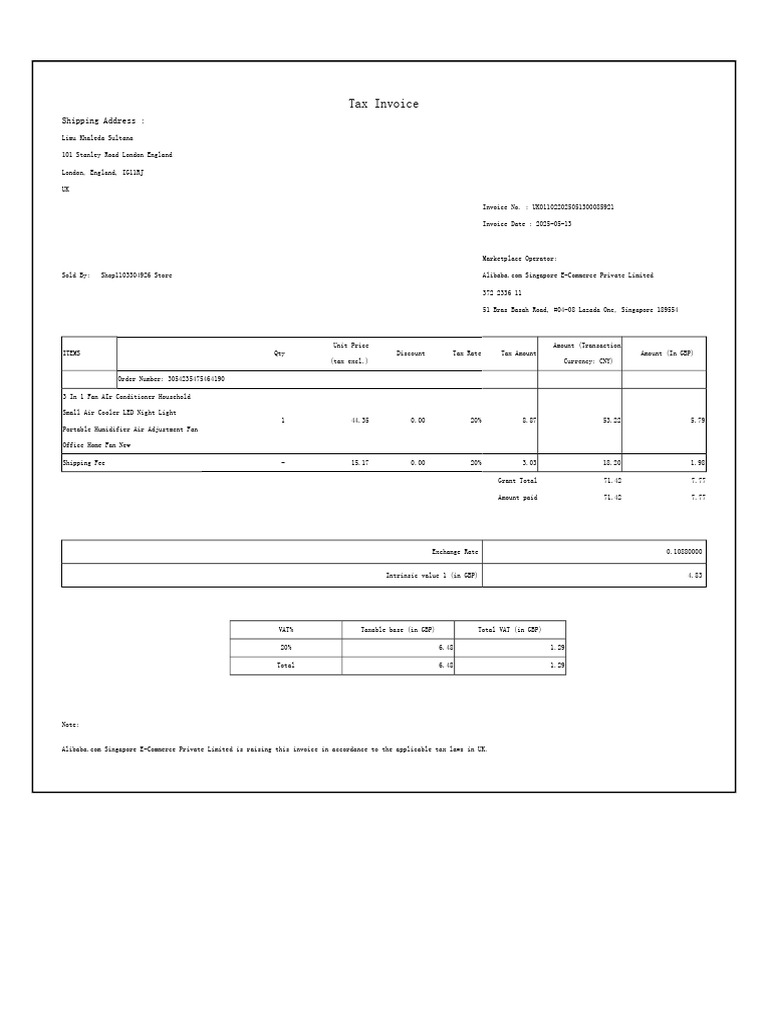 UK Tax Invoice for Alibaba Purchase | PDF | Taxes | Invoice