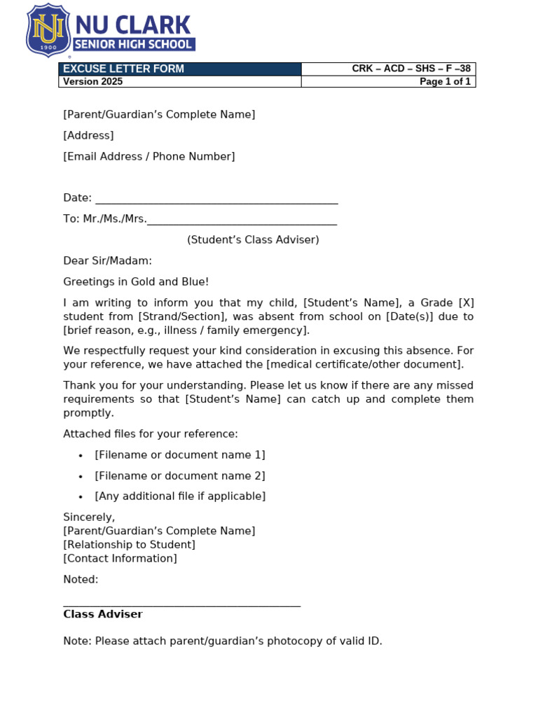 Excuse Letter Form | PDF