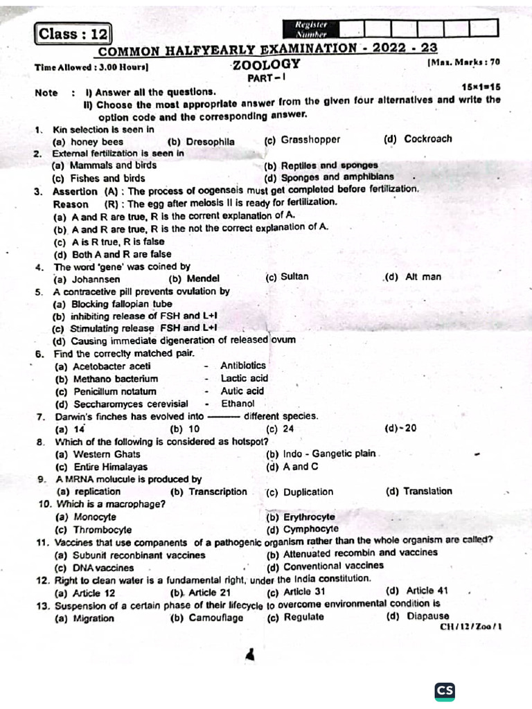 12th Zoology EM Half Yearly Exam 2022 Original Question Paper ...
