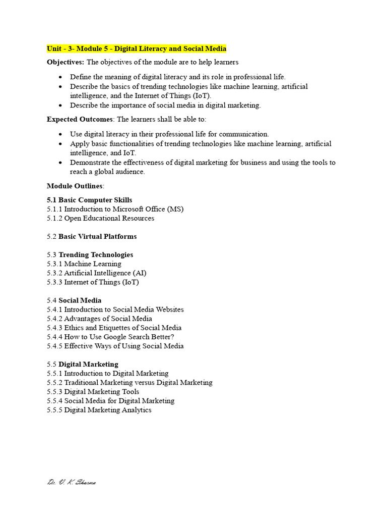 Notes Unit - 3- Module 5 Digital Literacy and Social Media | PDF ...