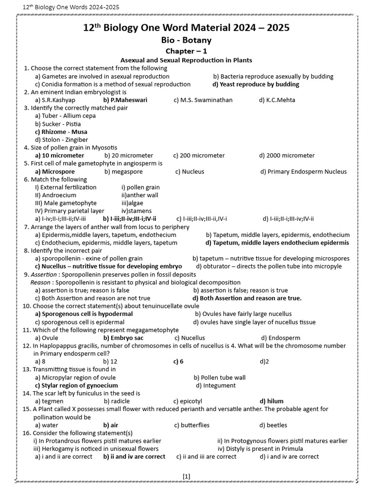 12th Biology One Word Questions 2024 | PDF | Dominance (Genetics ...