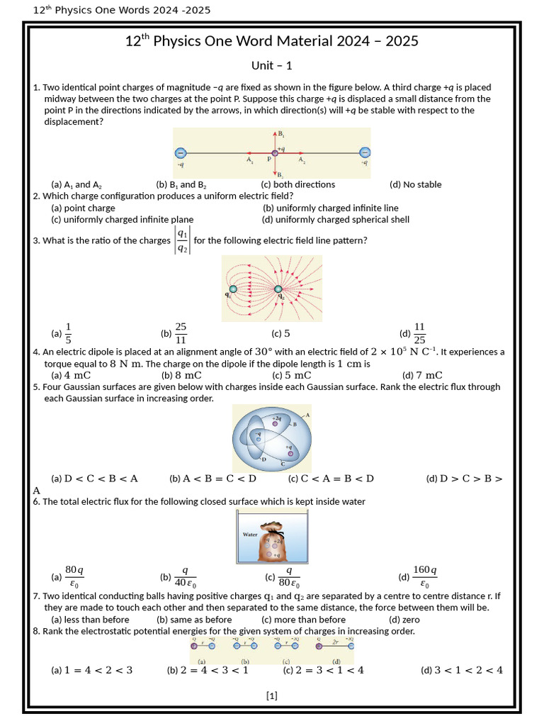 12th Physics One Word Material 2024 | PDF | Electric Field | Dipole
