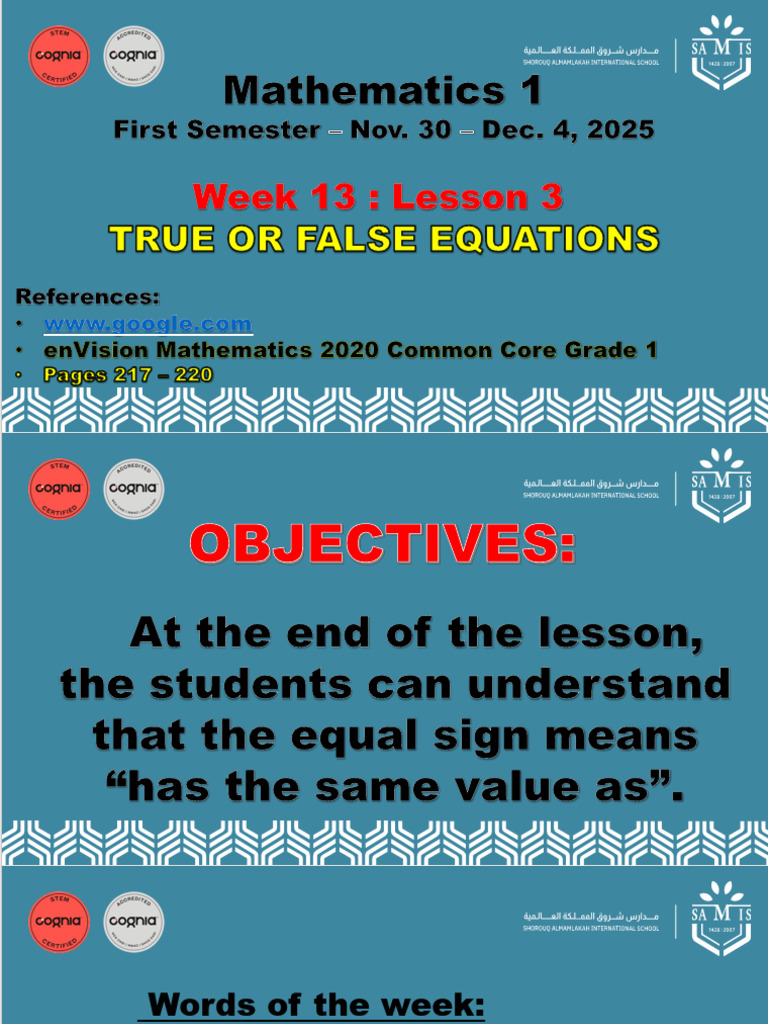 Math 1 WK 13 Lesson 3 - True or False Equations | PDF