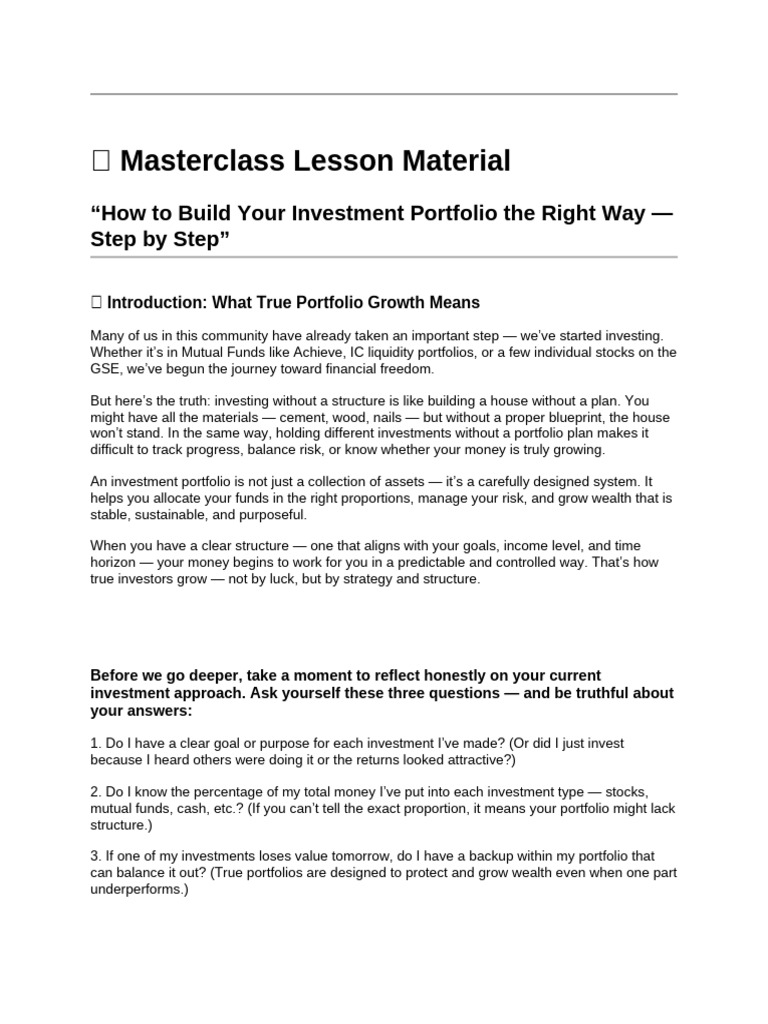 ? INVESTMENT PORTFOLIO Masterclass Lesson Material (1) | PDF ...