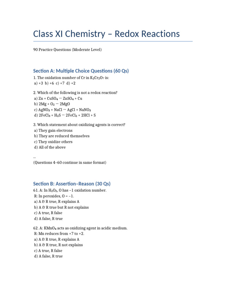 Redox Reactions XI Chemistry 90Q | PDF