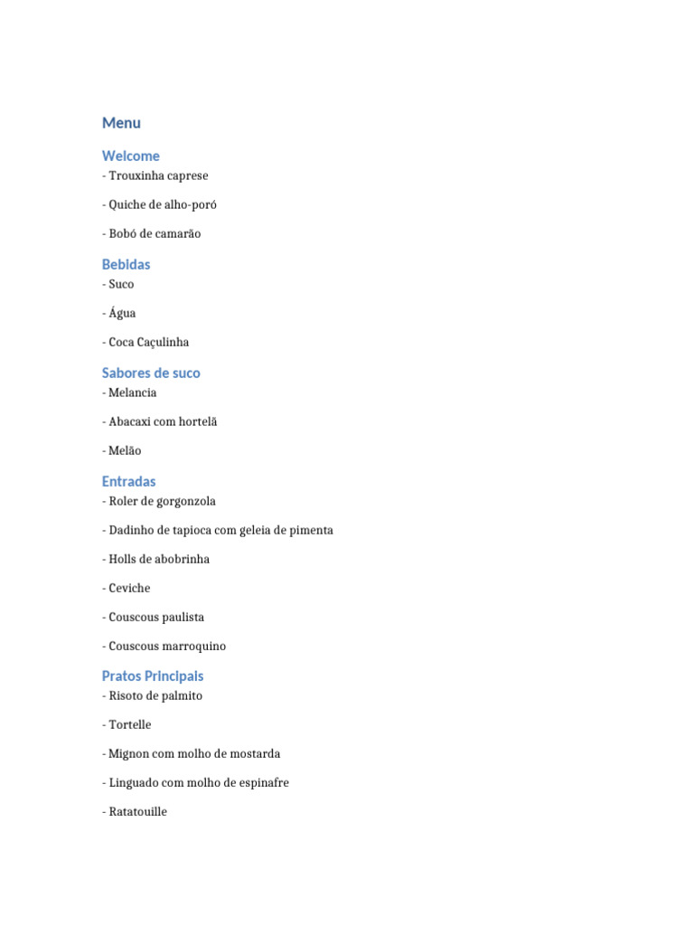 Menu Variado: Entradas, Pratos e Sobremesas | PDF