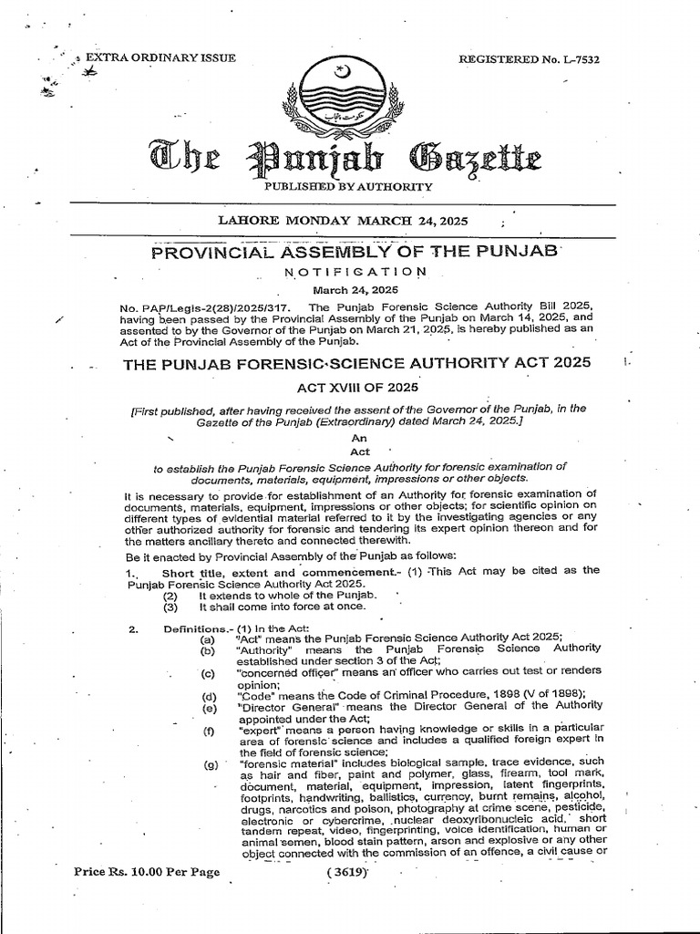 Xviii of 2025 Punjab Forensic Science Authority Act 2025 PDF | PDF