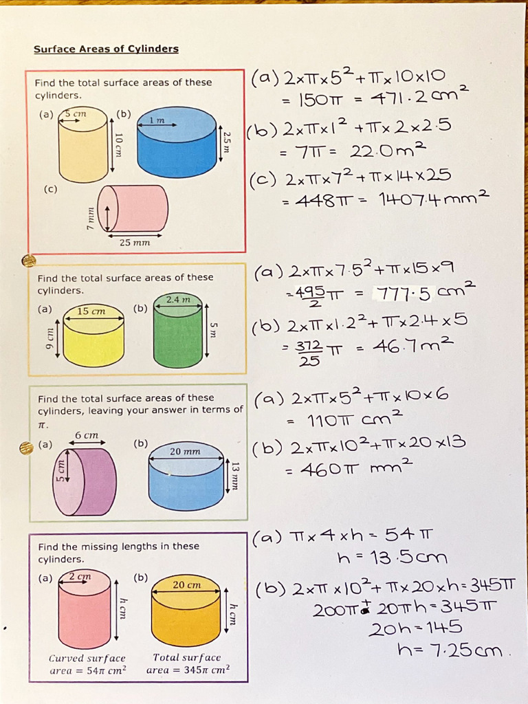 Surface Area of Cylinders Practice Strips Answers | PDF