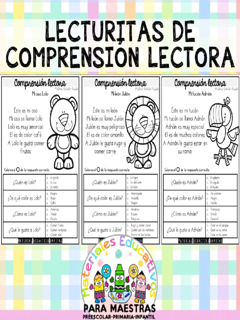 Lecturitas de Comprensión Lectora Con Animalitos Por Materiales ...