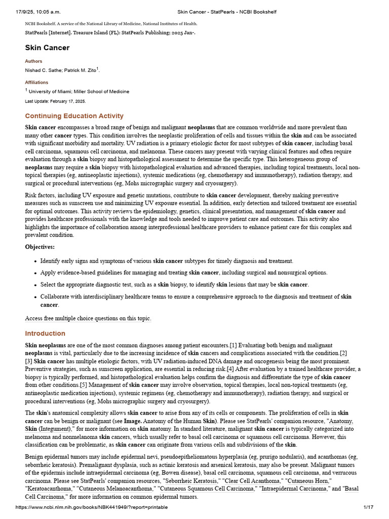 Skin Cancer - StatPearls - NCBI Bookshelf | PDF | Skin Cancer | Melanoma