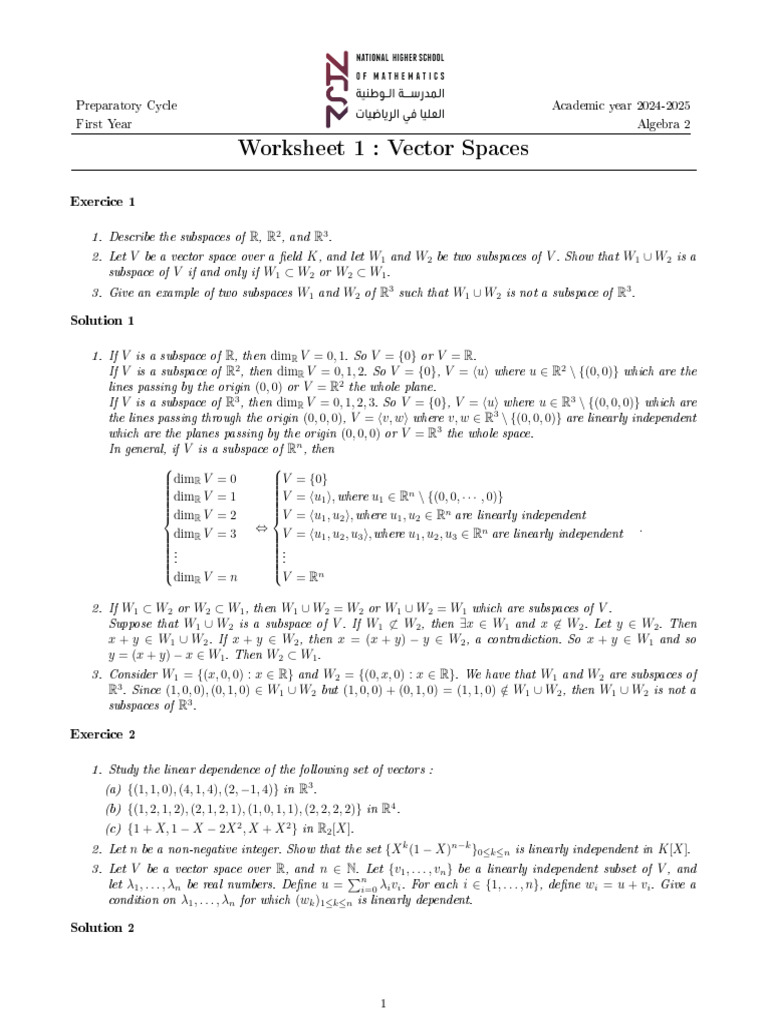 Vector Spaces And Linear Dependence Exercises Pdf Linear Subspace