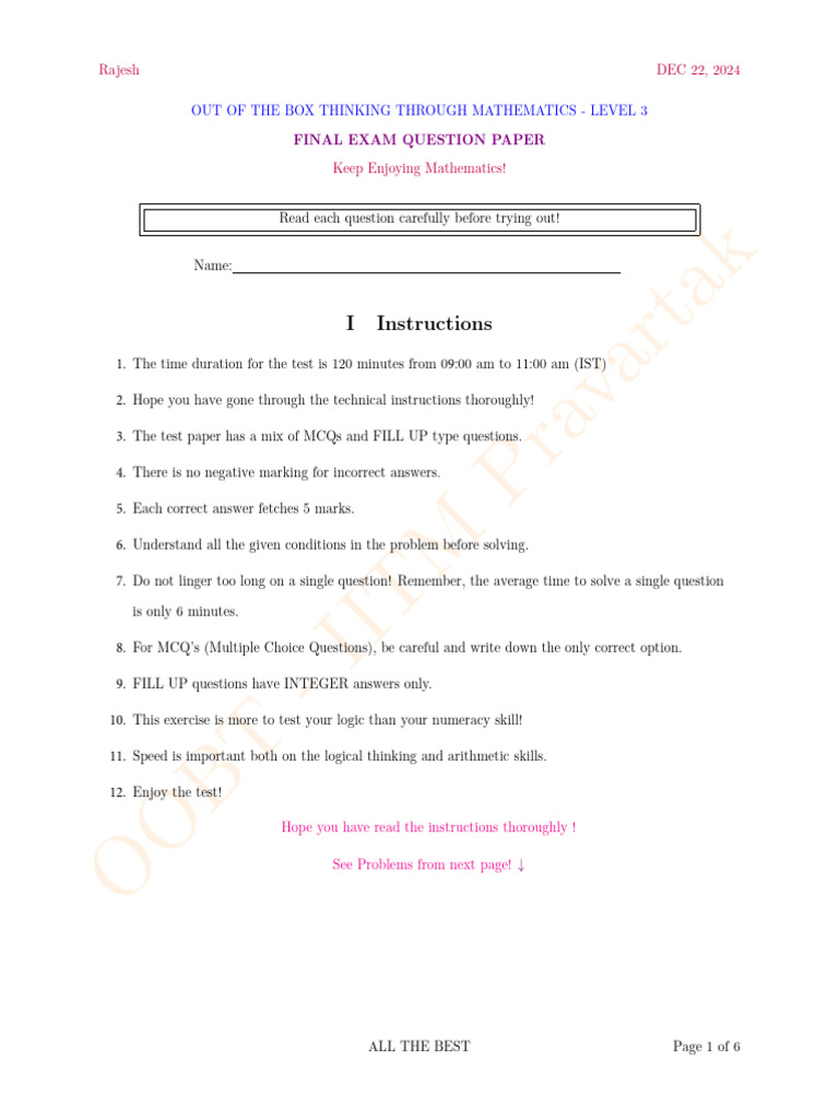 Oobt Final Exam q Paper Level 3 Dec 22 2024 | PDF | Multiple Choice | Chess