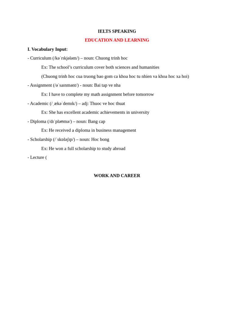 IELTS Speaking: Education Vocabulary Guide | PDF