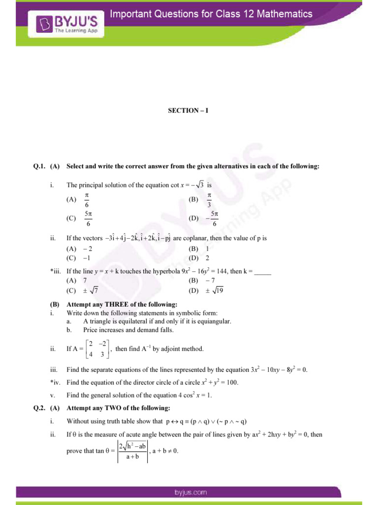 Important Class 12 Math Questions | PDF | Equations | Euclidean Vector