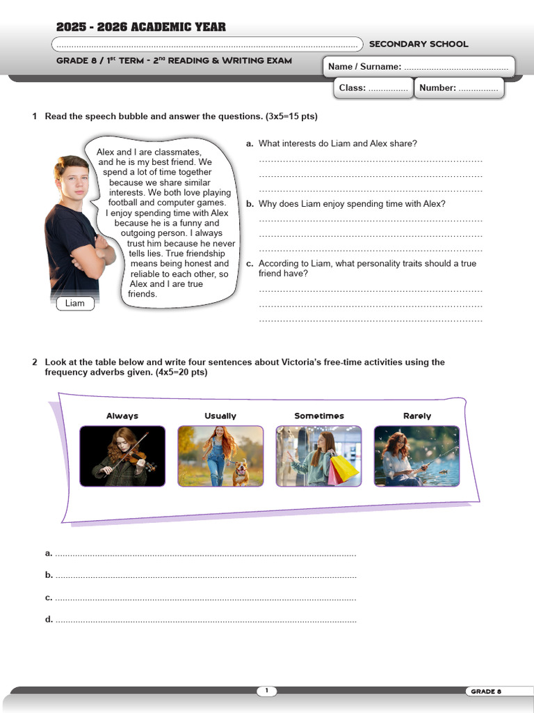 Grade 8 Reading & Writing Exam Guide | PDF | Pizza | Teaspoon