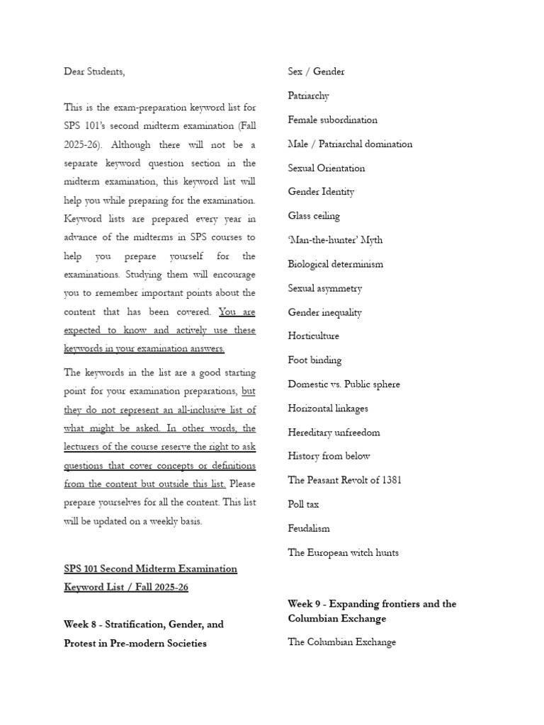 SPS 101 Keyword Study Sheet for Midterm II (Fall 2025-26) | PDF ...