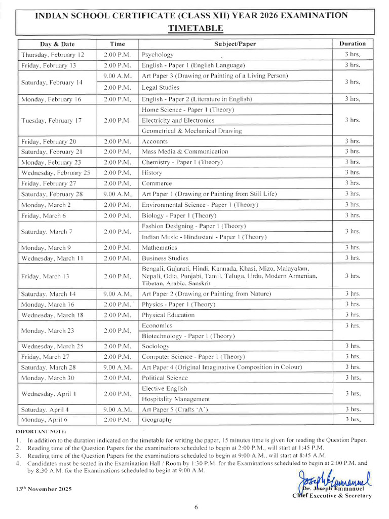 ISC Timetable 2026 | PDF
