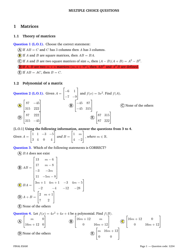 Matrix Theory Multiple Choice Questions | PDF | Functional Analysis ...