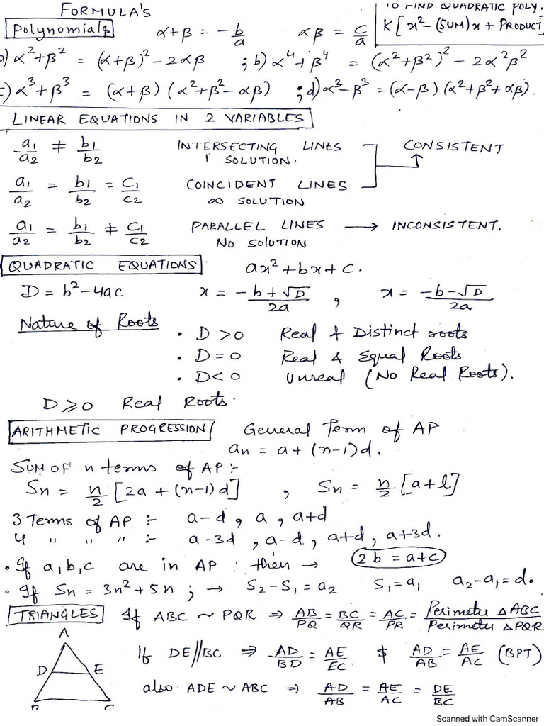 Class 10th Maths Formula's | PDF