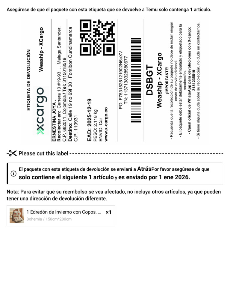 Instrucciones de Devolución Temu | PDF