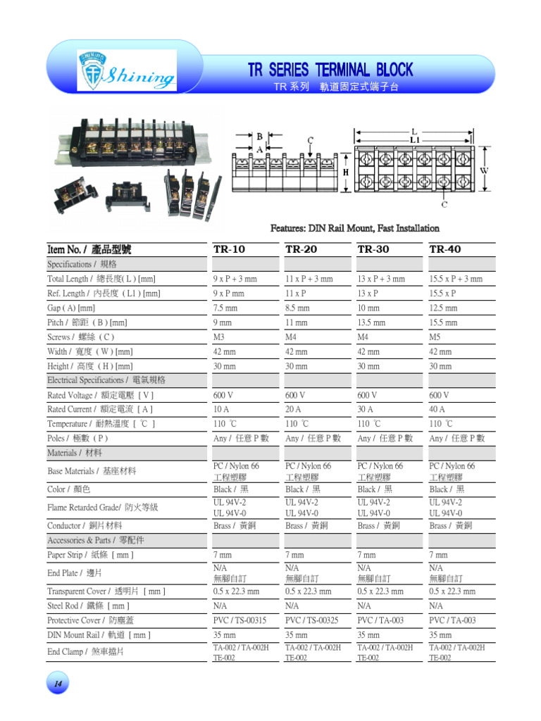 SHINING E Catalogue TR Series 35mm Din Rail Mounted Snap On 10A 20A 30A ...