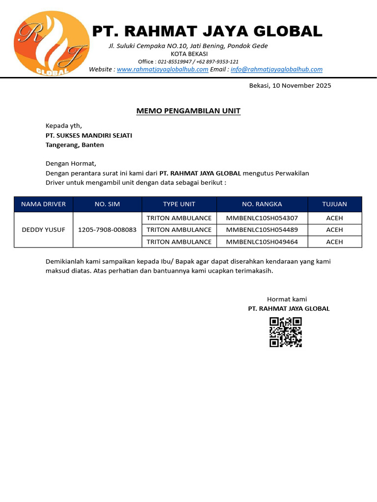 Memo Pengambilan Unit Ambulance Triton | PDF