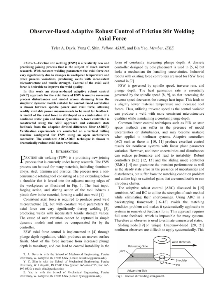 Axial Force Control in Friction Stir Welding | PDF | Control Theory ...