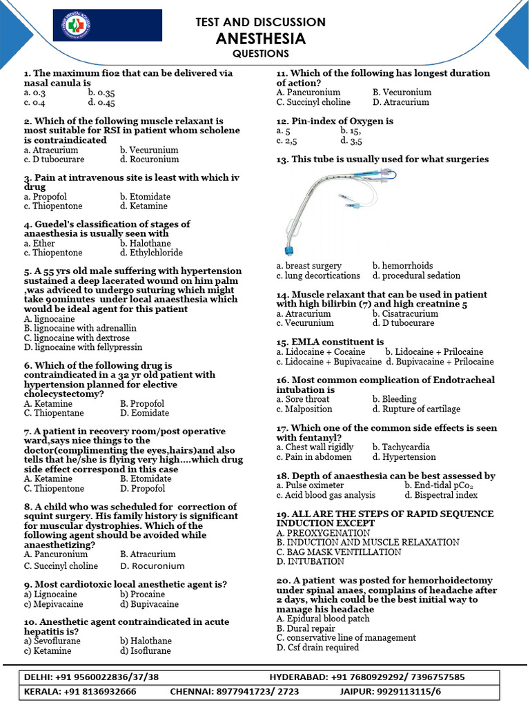 Anesthesia Test Questions and Discussion | PDF | Anesthesia | Clinical ...