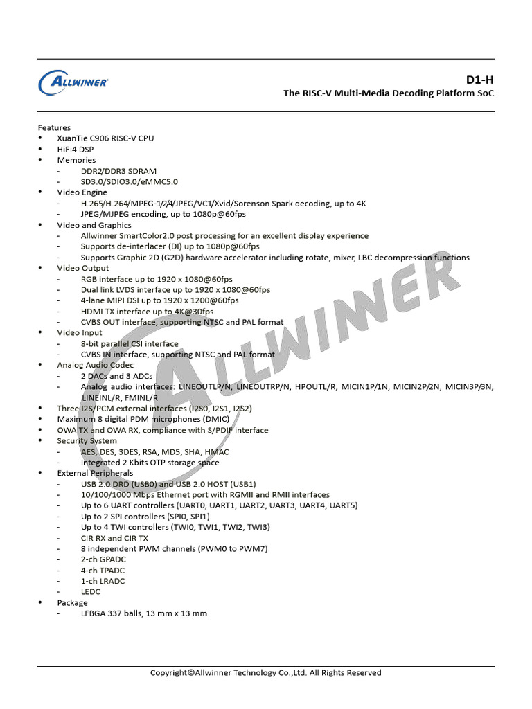 Allwinner D1-H datasheet V1.0 | PDF | Computing | Computer Hardware