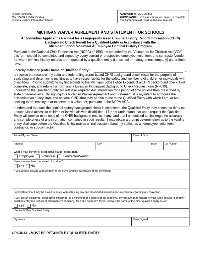 Michigan School Criminal History Waiver Form | PDF | Background Check ...